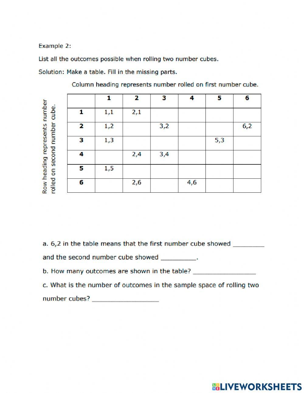 two dice sample space 6569294 | oraib | Live Worksheets