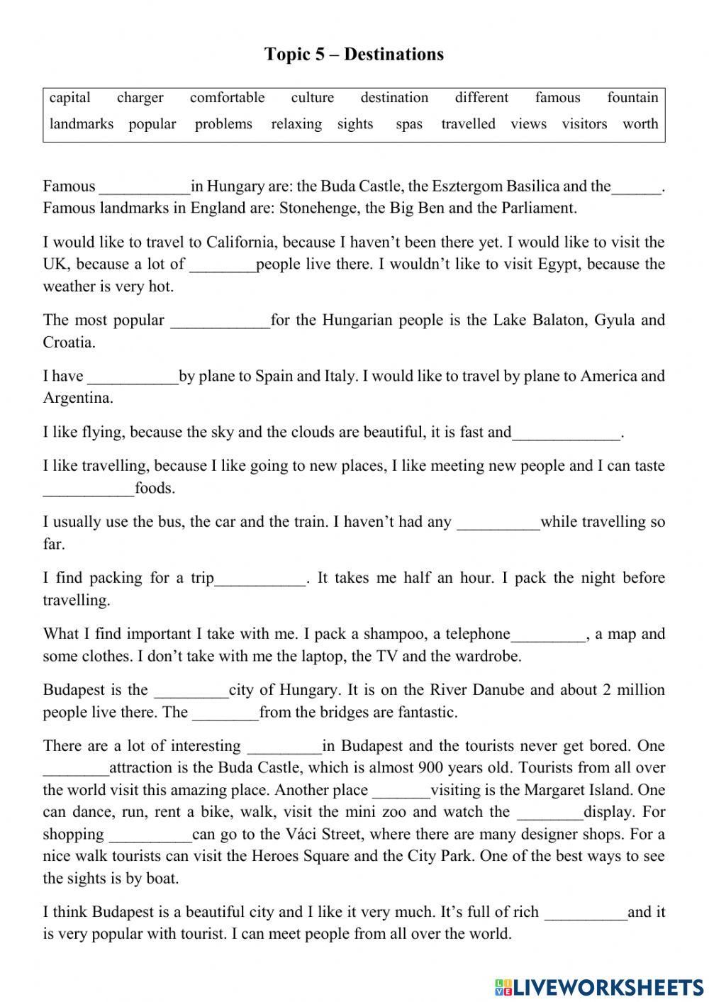 Topic 5 Destinations online exercise for B1 | Live Worksheets