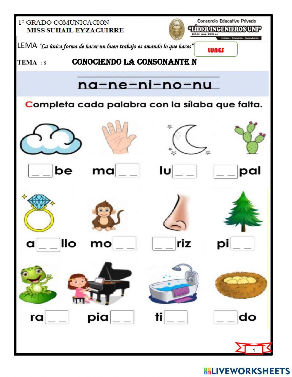 Consonante N online worksheet | Live Worksheets