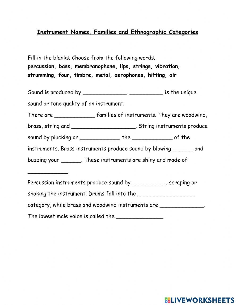 Instrument Names, families and Ethnographic Categories worksheet | Live ...