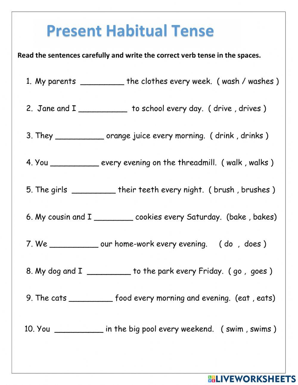 Grammar - Present Habitual Tense interactive worksheet | Live Worksheets
