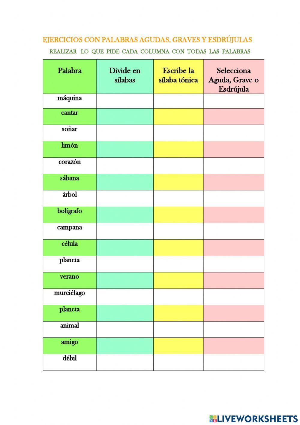 Ejercicios Para Imprimir De Palabras Agudas Graves Esdrujulas Y Sexiz ...