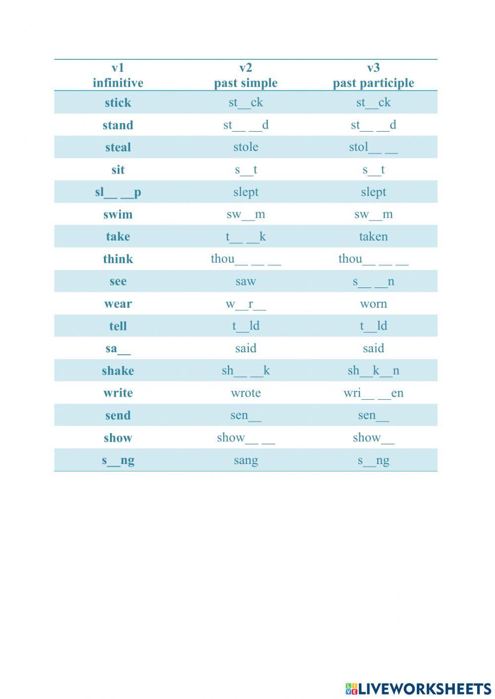 Irregular verb forms spelling set3 worksheet | Live Worksheets