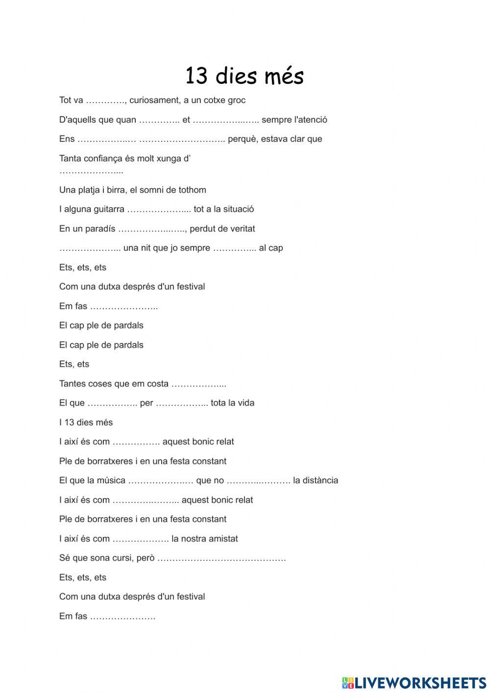13 dies més | Free Interactive Worksheets | 1017445