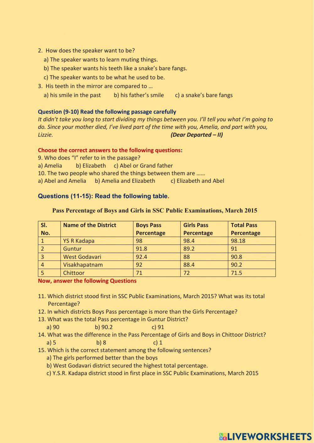 English - Section- A(Reading Comprehension)-Test-1 worksheet | Live ...