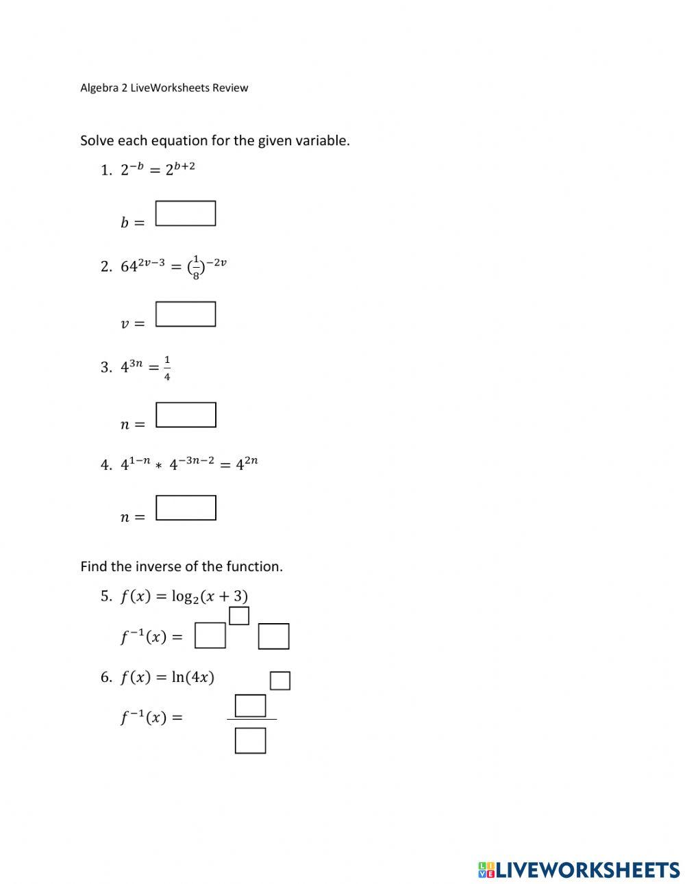 Exponential Equations Worksheet