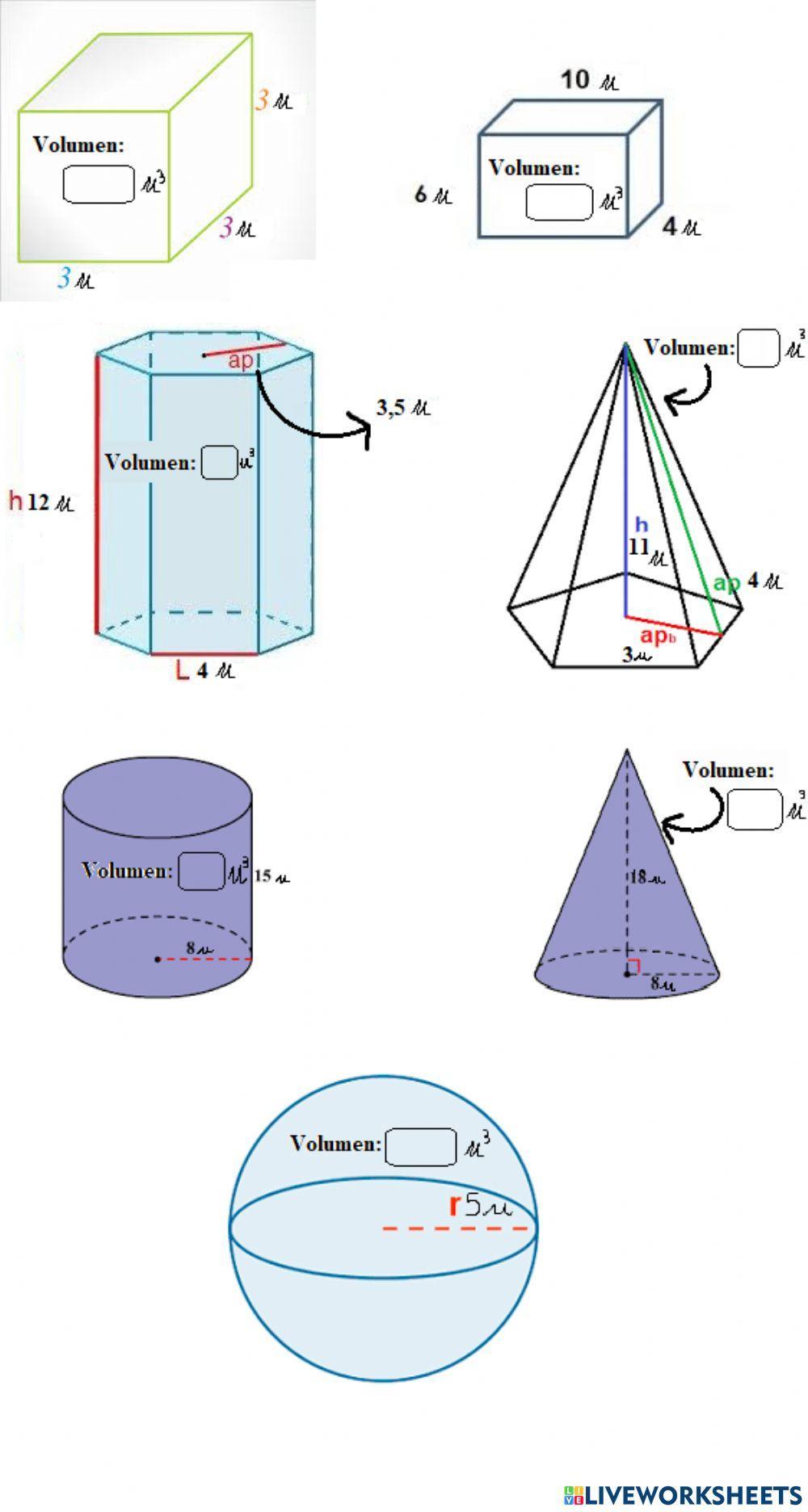 Volúmenes de figuras tridimensionales worksheet | Live Worksheets