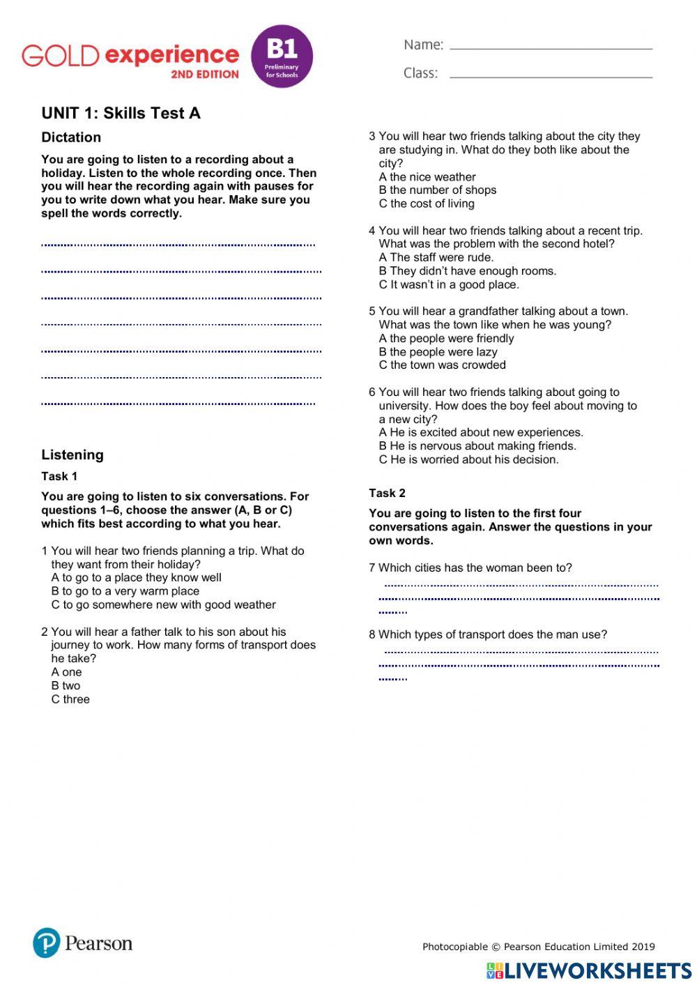 Listening unit 1 gold b1 worksheet | Live Worksheets
