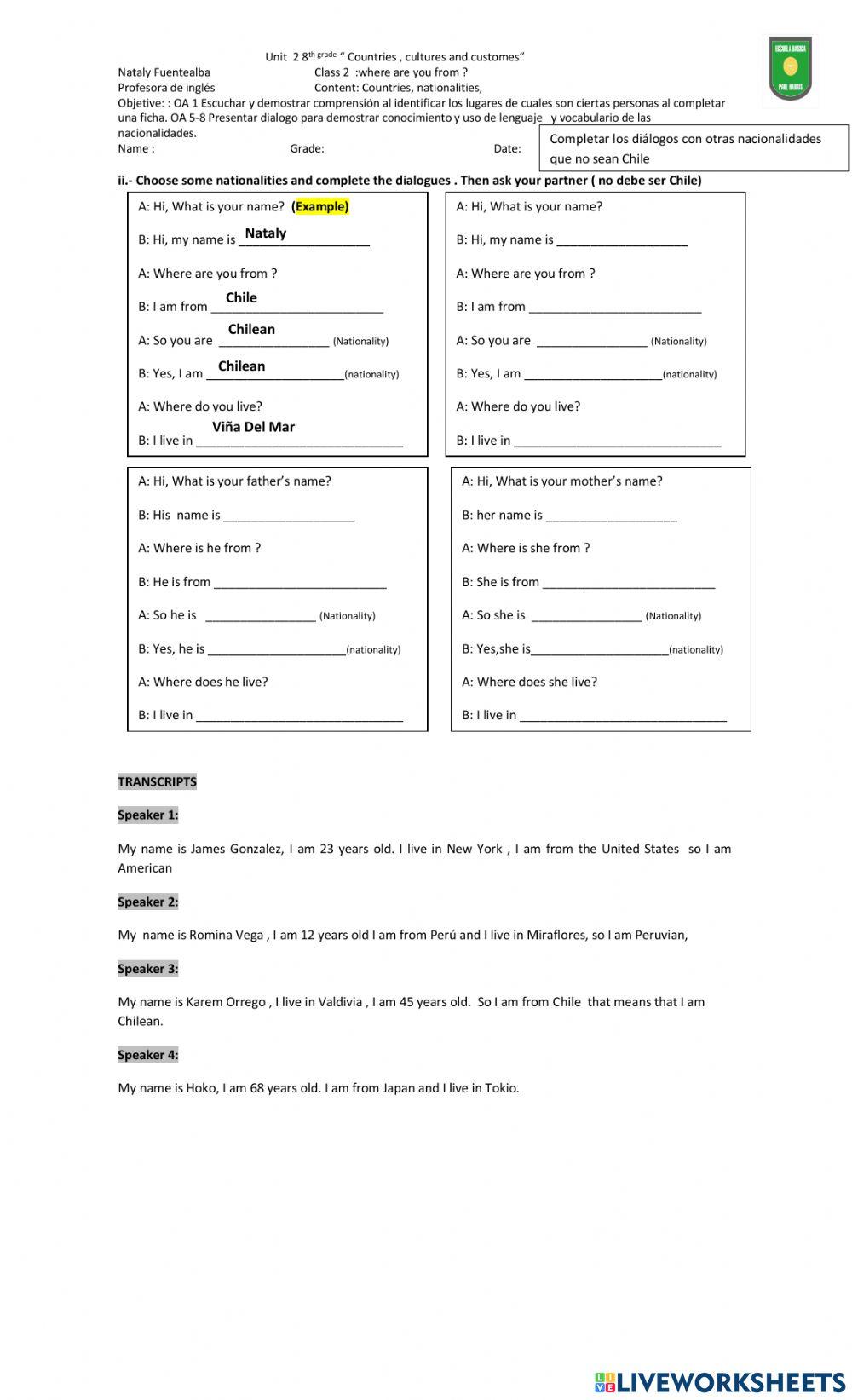 Class 1 unit 2 8th grade 1018403 | NatalyFuentealba