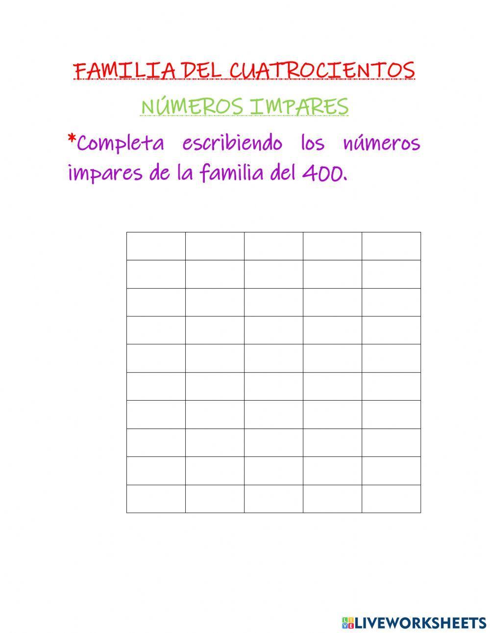 Numeros impares familia del cuatrocientos worksheet | Live Worksheets