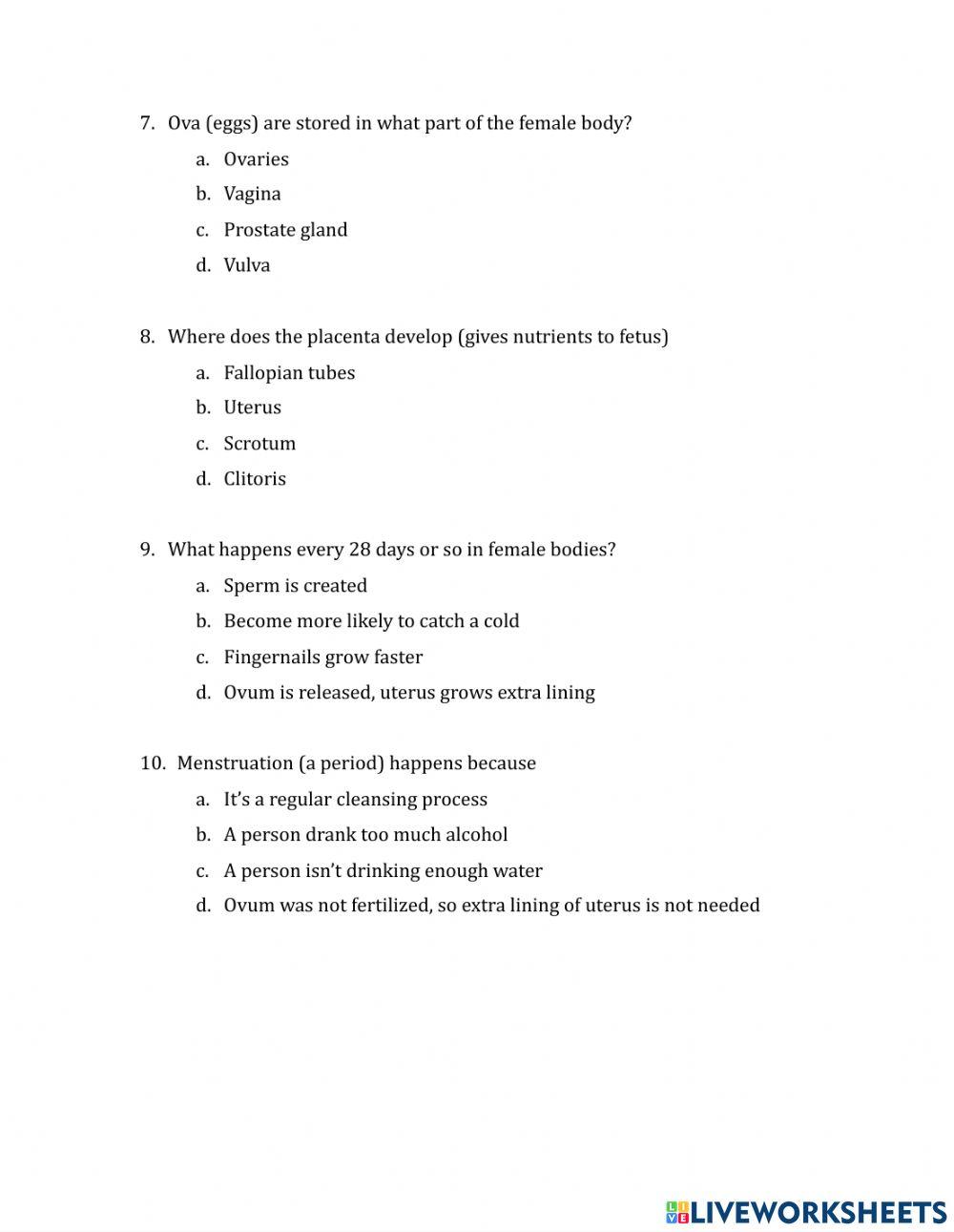 Sex Ed Online Exercise For Live Worksheets