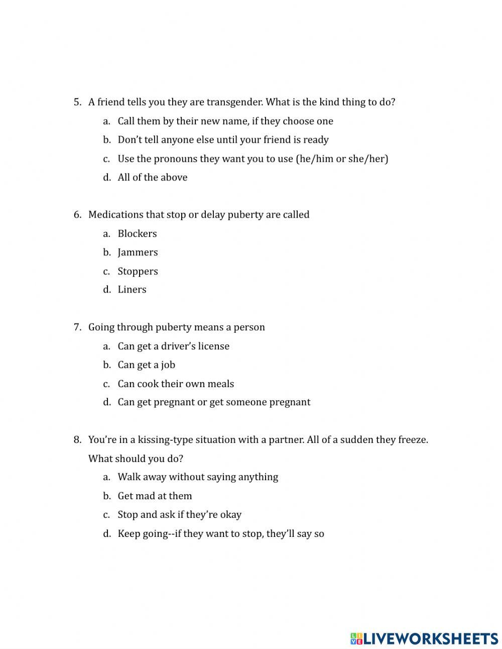 Sex Ed Online Exercise For Live Worksheets