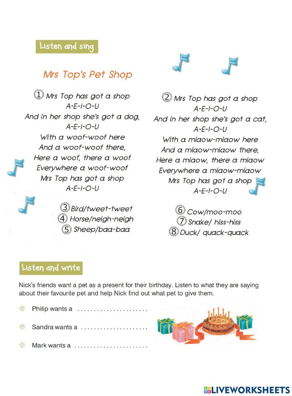 4.6.1 animals song worksheet | Live Worksheets