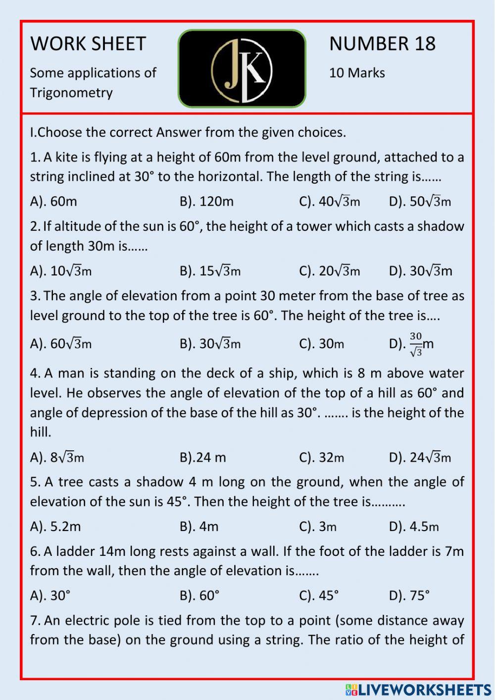 Some applications of Trigonometry Worksheet 02 By JK online exercise ...