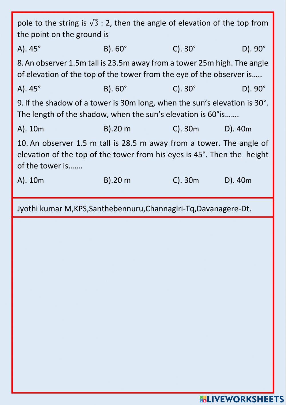 Some applications of Trigonometry Worksheet 02 By JK online exercise ...