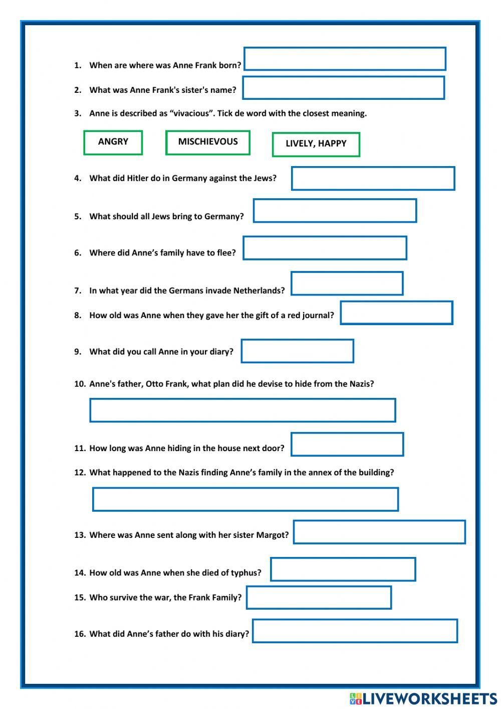 ANNE FRANK ACTI… | Free Interactive Worksheets | 5025516