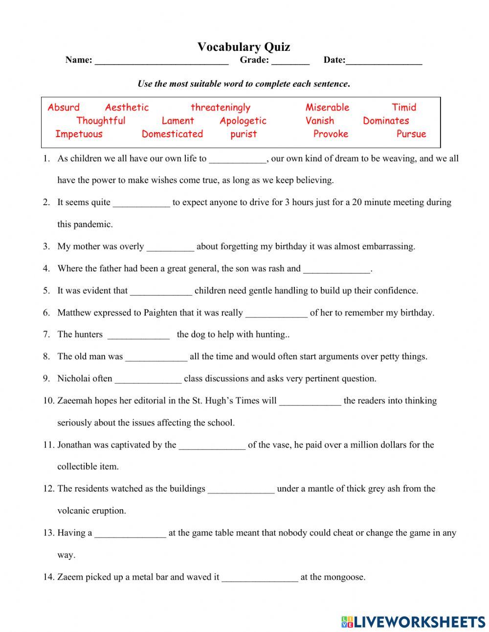 Vocabulary week 5 Term 3 worksheet | Live Worksheets
