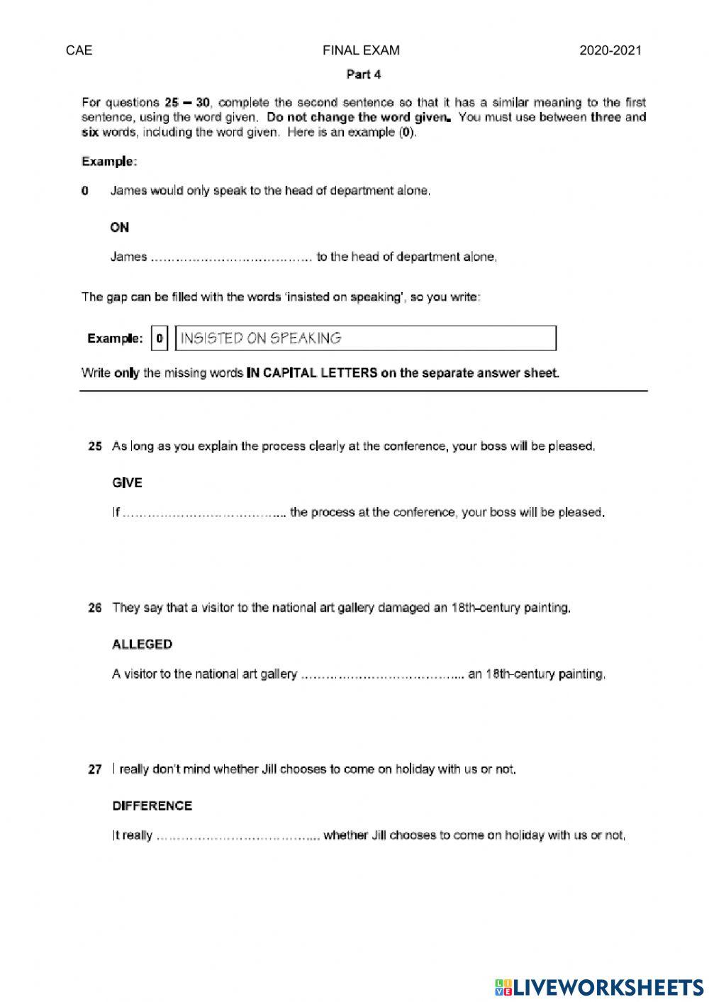 FINAL EXAM CAE 6TH GRADE 2021 online exercise for | Live Worksheets