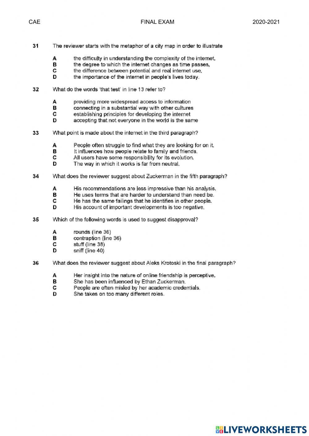 FINAL EXAM CAE 6TH GRADE 2021 online exercise for | Live Worksheets