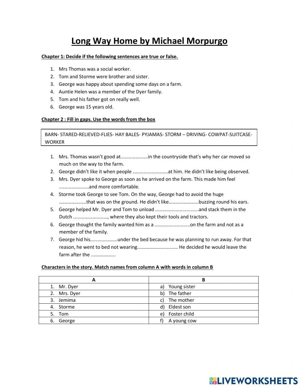 Long Way Home chapters 1-2 worksheet | Live Worksheets