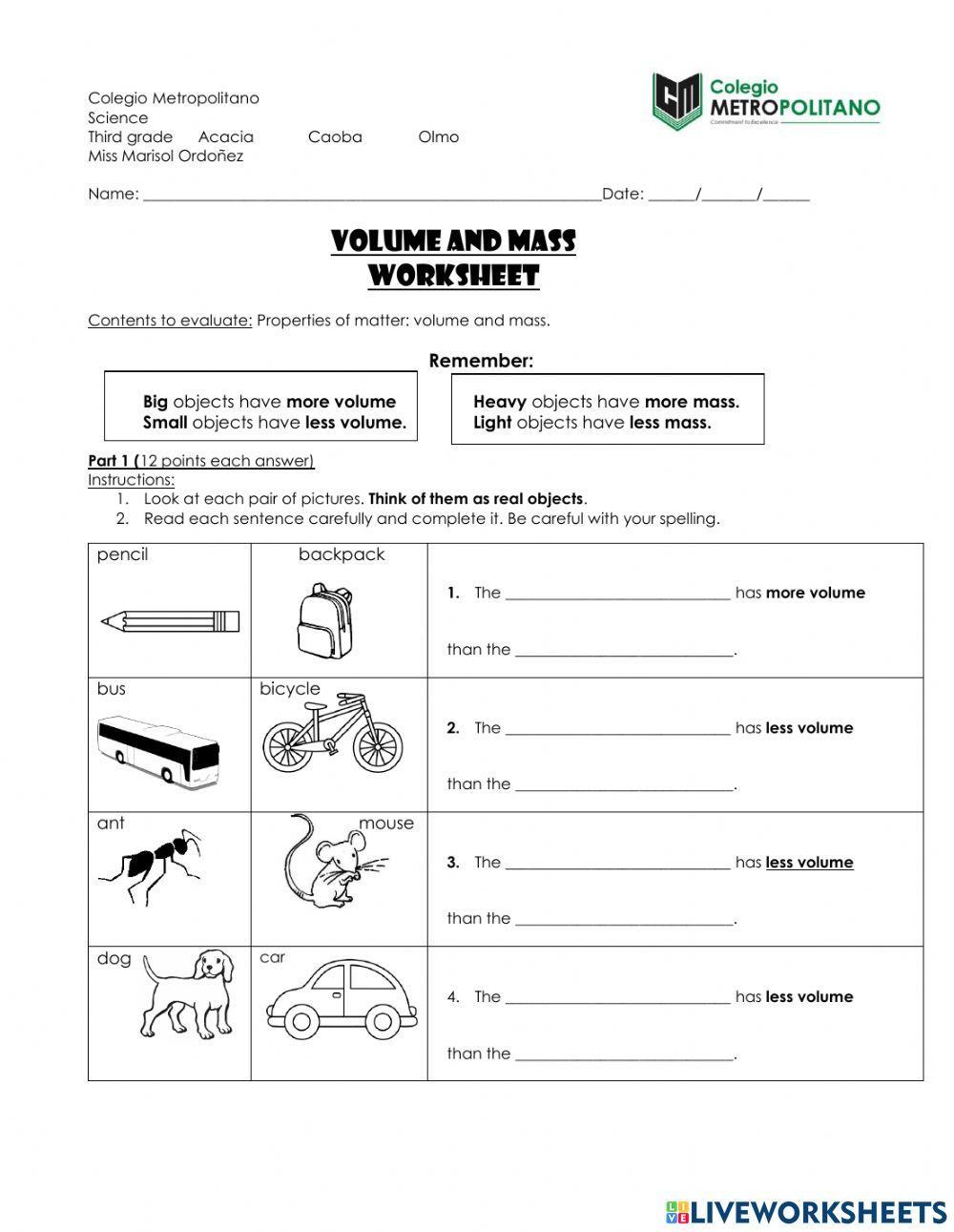 Volume-Mass Worksheet worksheet | Live Worksheets