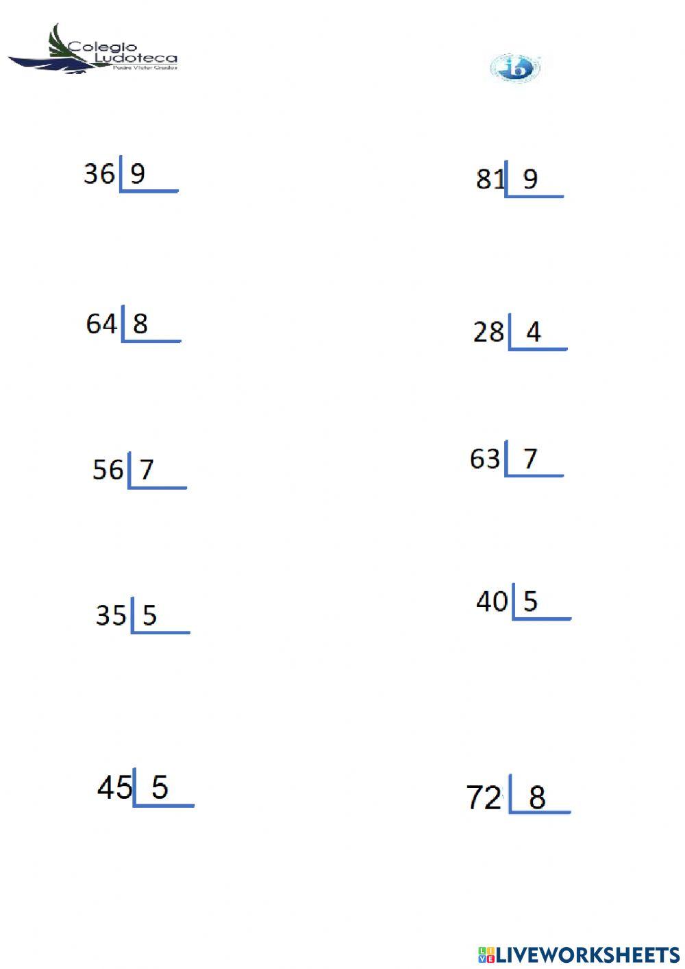 Divisiones de 2 cifras interactive activity | Live Worksheets