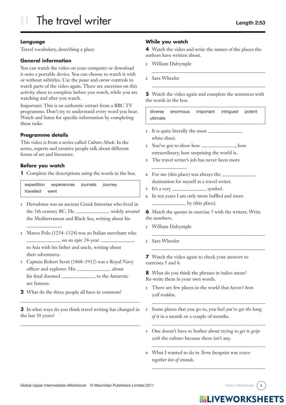 Travel writer worksheet | Live Worksheets