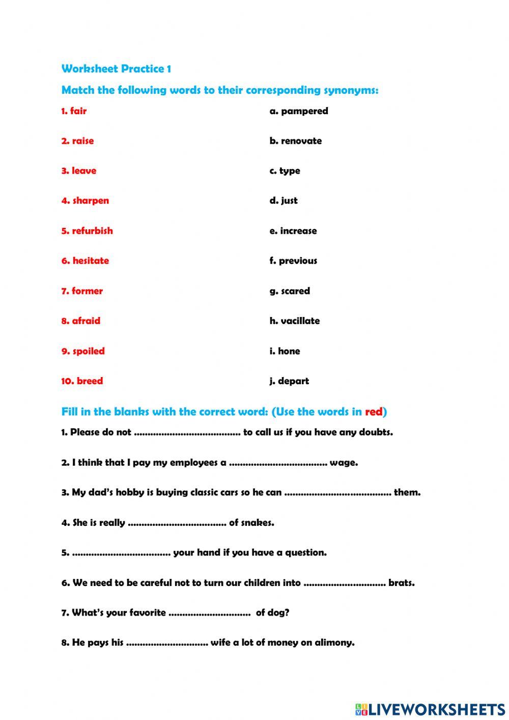 Worksheet practice 1 worksheet | Live Worksheets