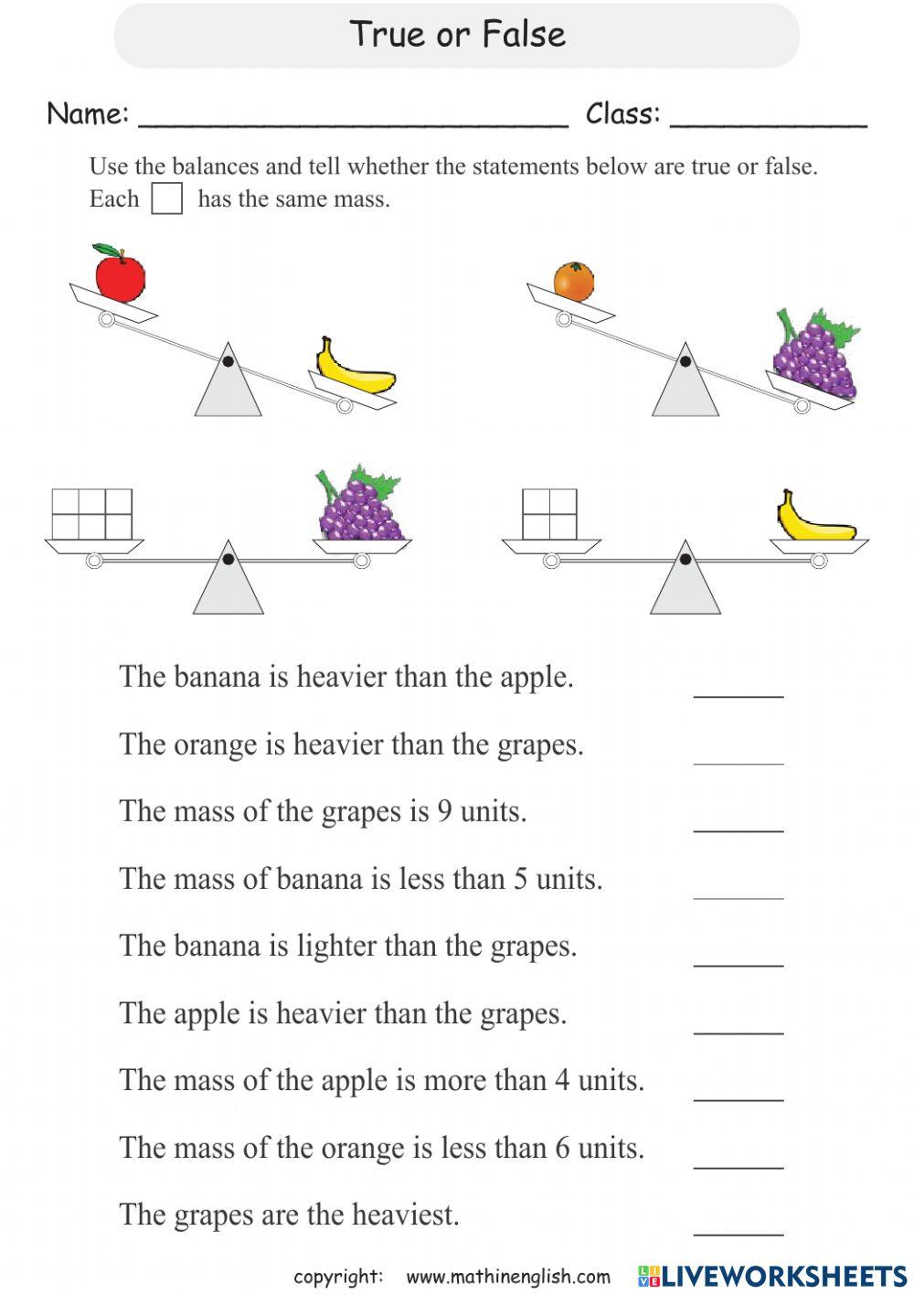 Grade 1 maths measuring masses true or false online exercise for | Live ...