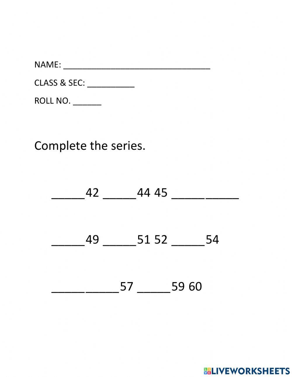 Complete the series (41 to 60) worksheet | Live Worksheets