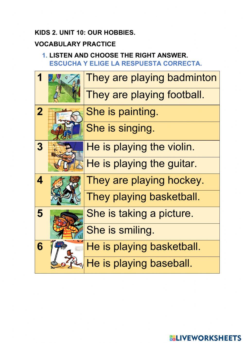 KIDS 2 UNIT 10 OUR HOBBIES VOCABULARY PRACTICE online exercise for | Live Worksheets