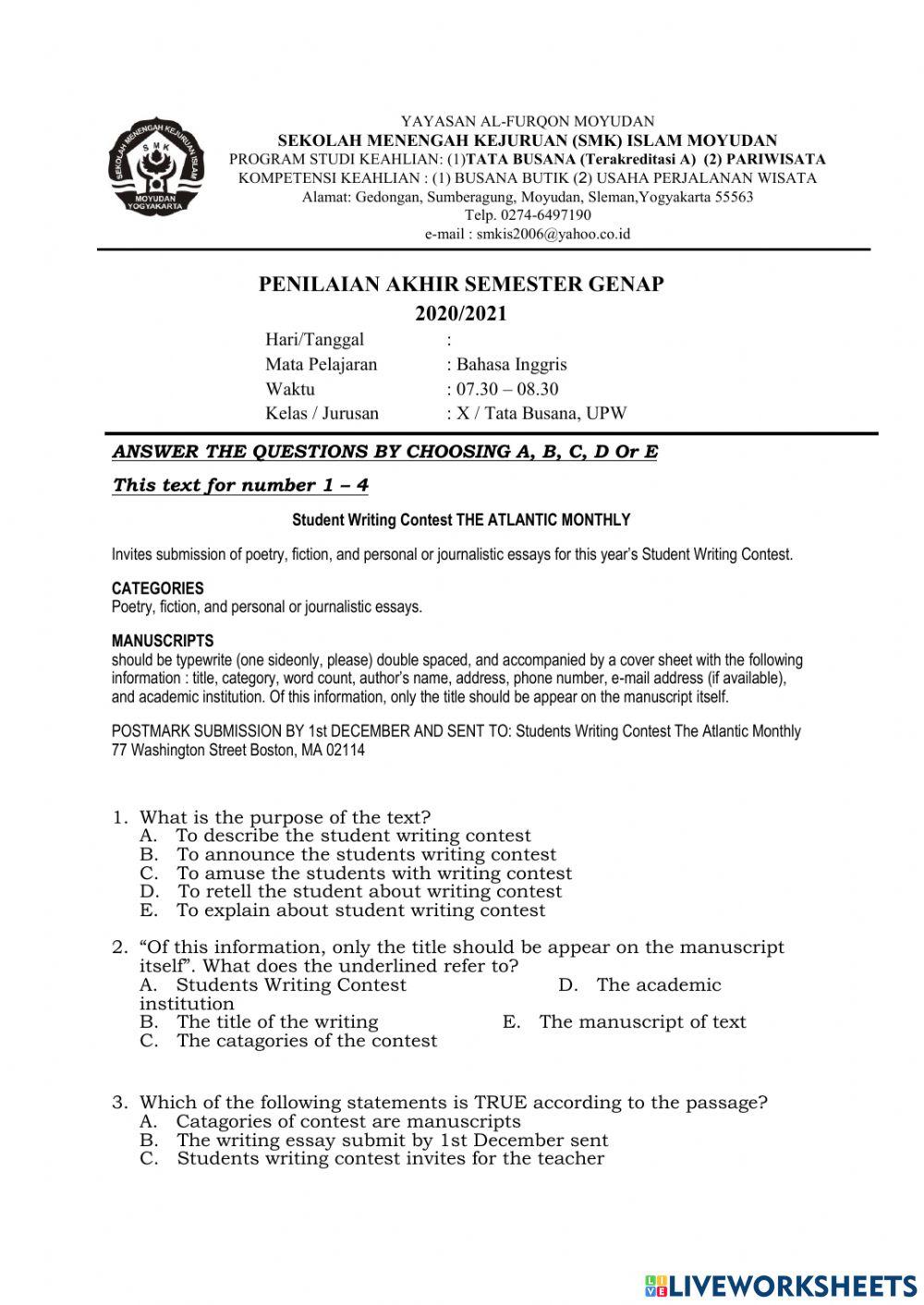 PAT kelas x smk worksheet | Live Worksheets