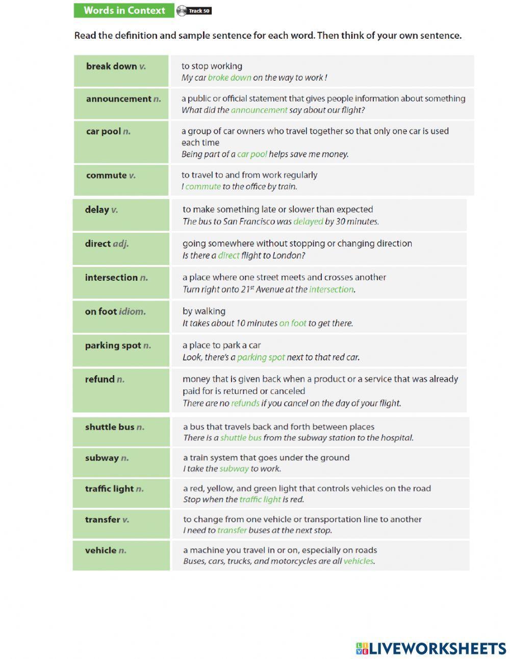 UNIT 7. TRANSPORTATION. BUILDING TOEIC | LiveWorksheets