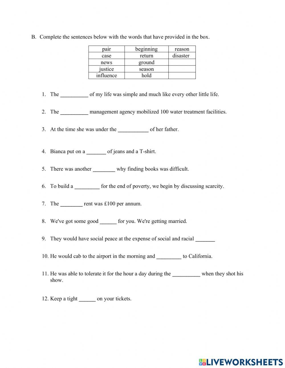 Pre-Test Vocabulary Test worksheet | Live Worksheets