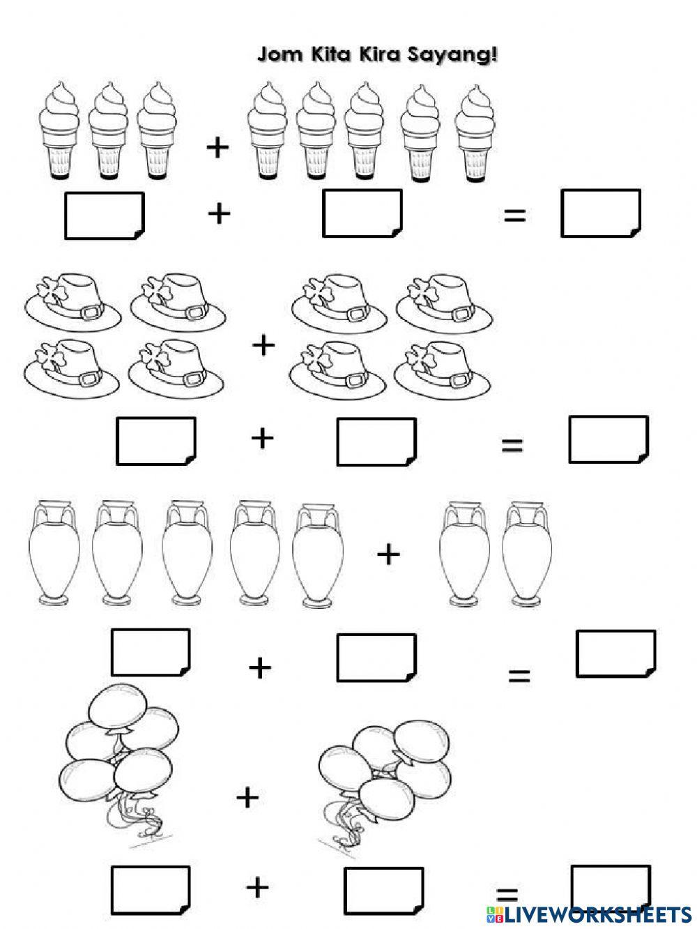 Operasi Tambah interactive worksheet for Tadika | Live Worksheets
