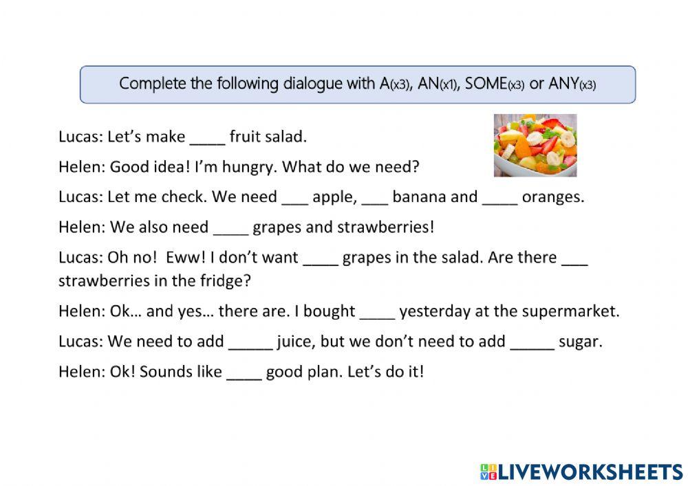 A an some any practice worksheet | Live Worksheets