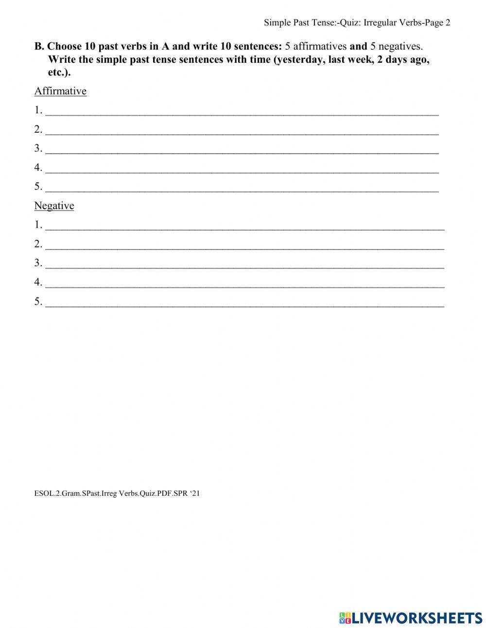 SIMPLE PAST TENSE QUIZ: IRREGULAR VERBS online exercise for | Live ...