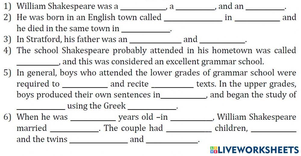 Shakespeare's life 2 worksheet | Live Worksheets