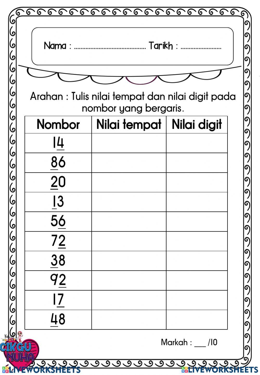 Nilai tempat dan digit interactive worksheet | Live Worksheets
