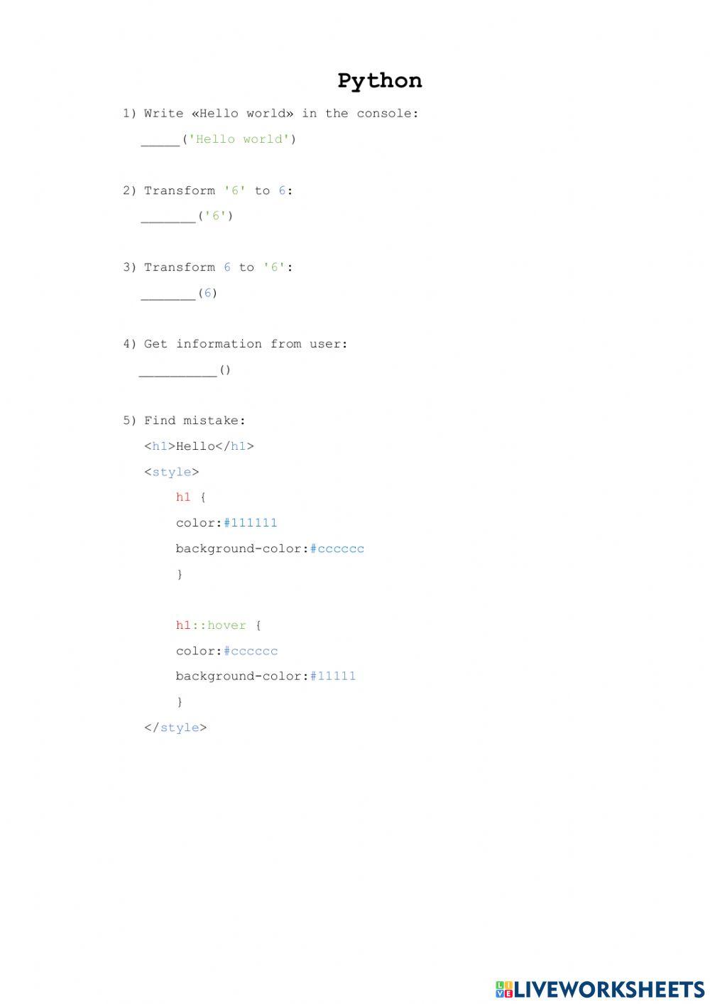 Python And Css Worksheet Live Worksheets 3347