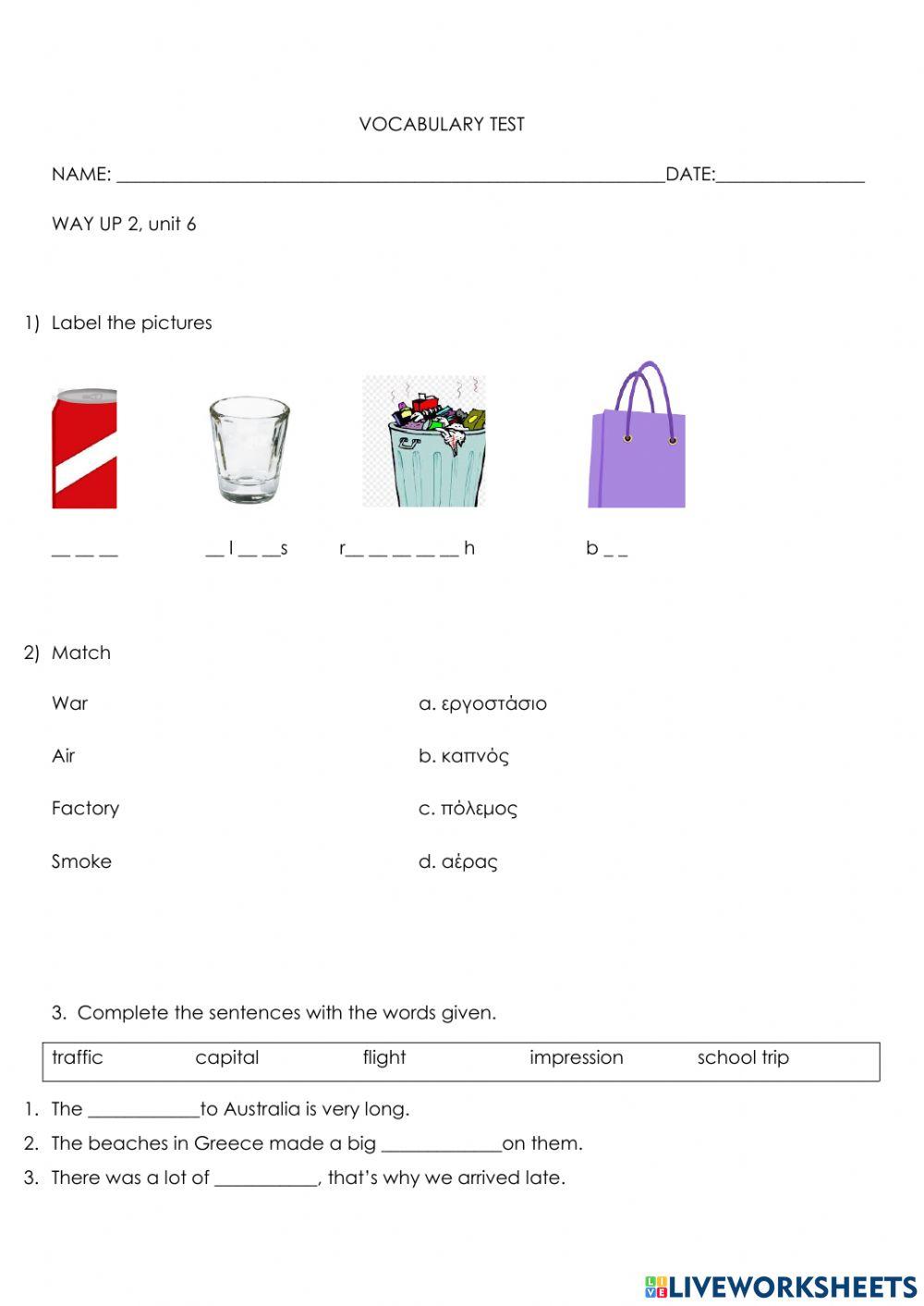 B' class, vocabulary test, unit 6 worksheet | Live Worksheets