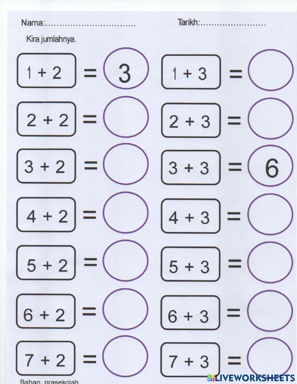 Operasi tambah online pdf worksheet | Live Worksheets
