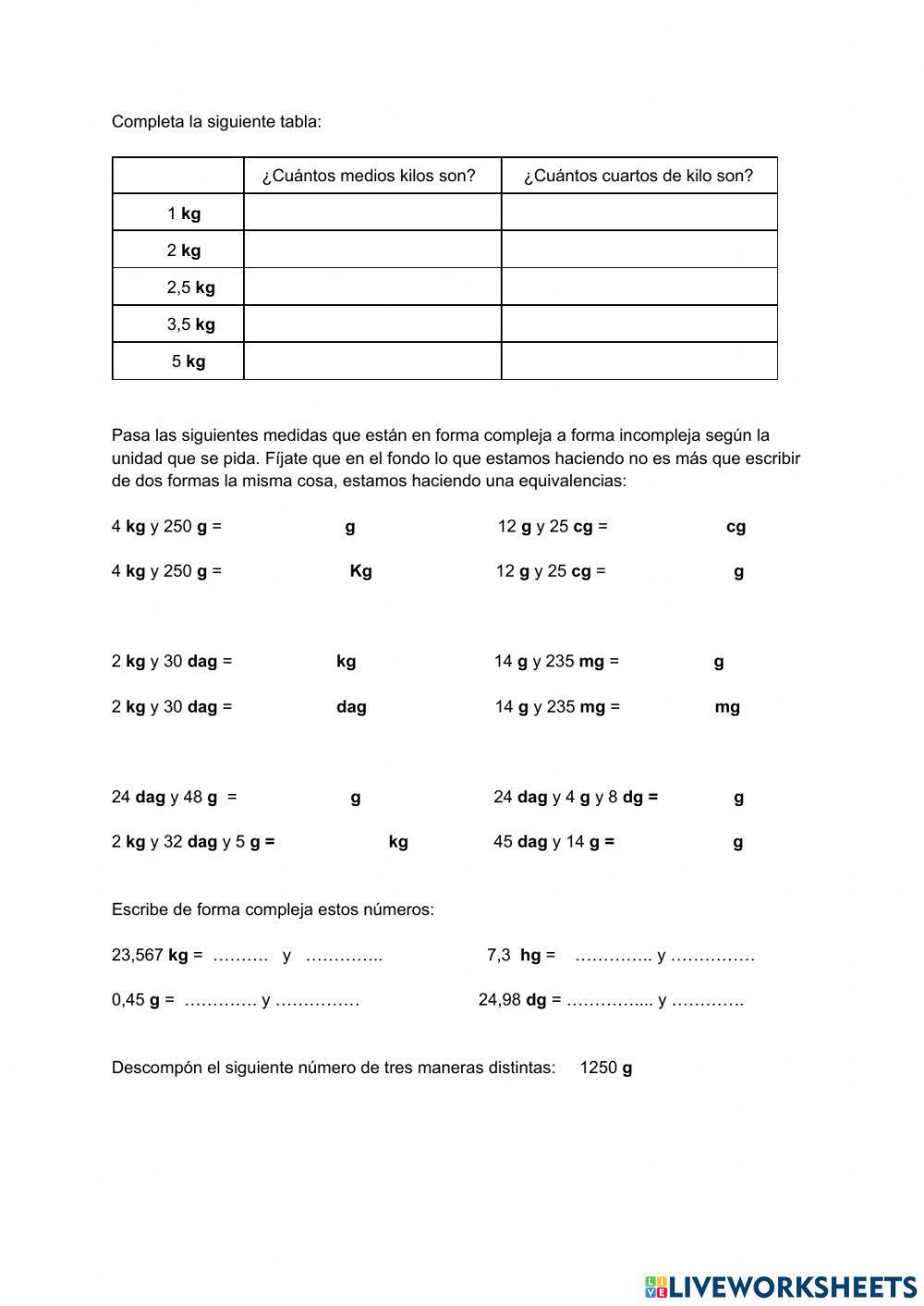 Forma compleja e incompleja unidades de medida worksheet | Live Worksheets