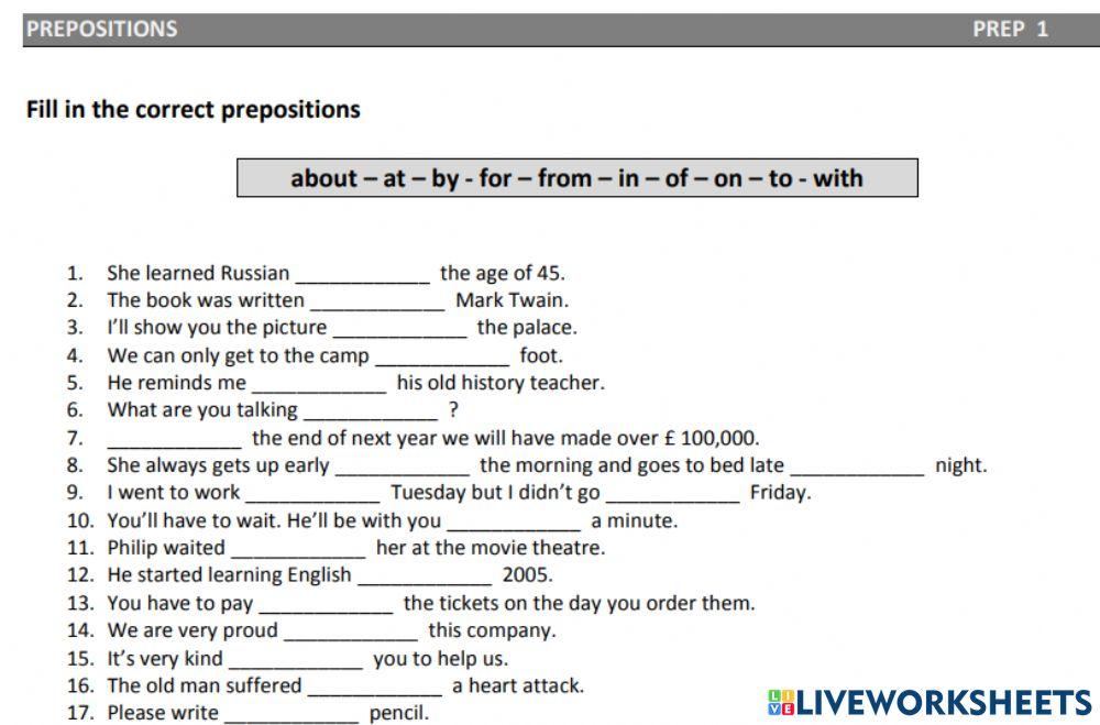 Prepositions online exercise for 6 | Live Worksheets