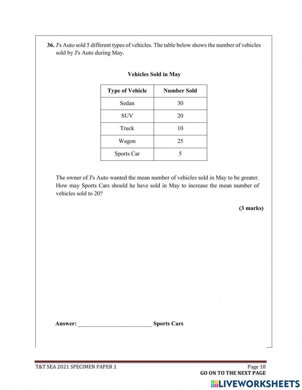S.E.A. Math Practice online exercise | Live Worksheets