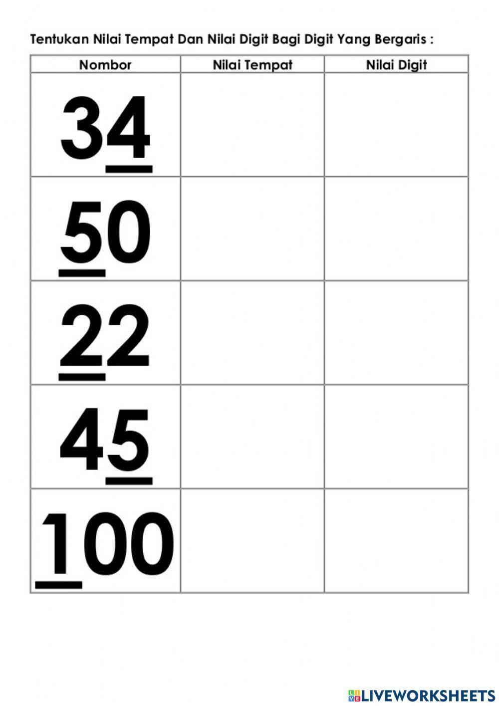 Nilai Tempat da… | Free Interactive Worksheets | 1030272