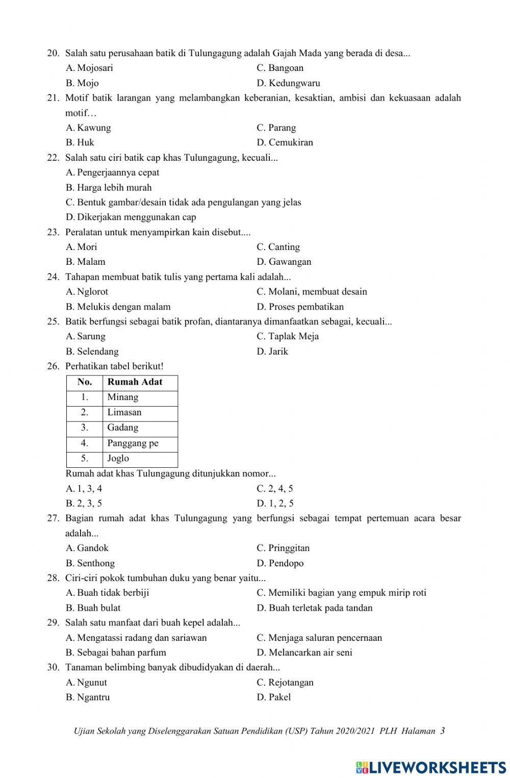 USP PLH Selasa 25 mei 2021 worksheet | Live Worksheets