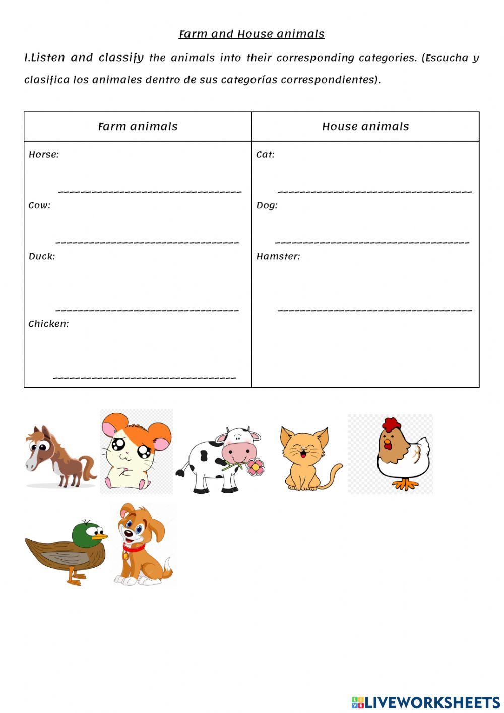 Farm vs house animals worksheet | Live Worksheets