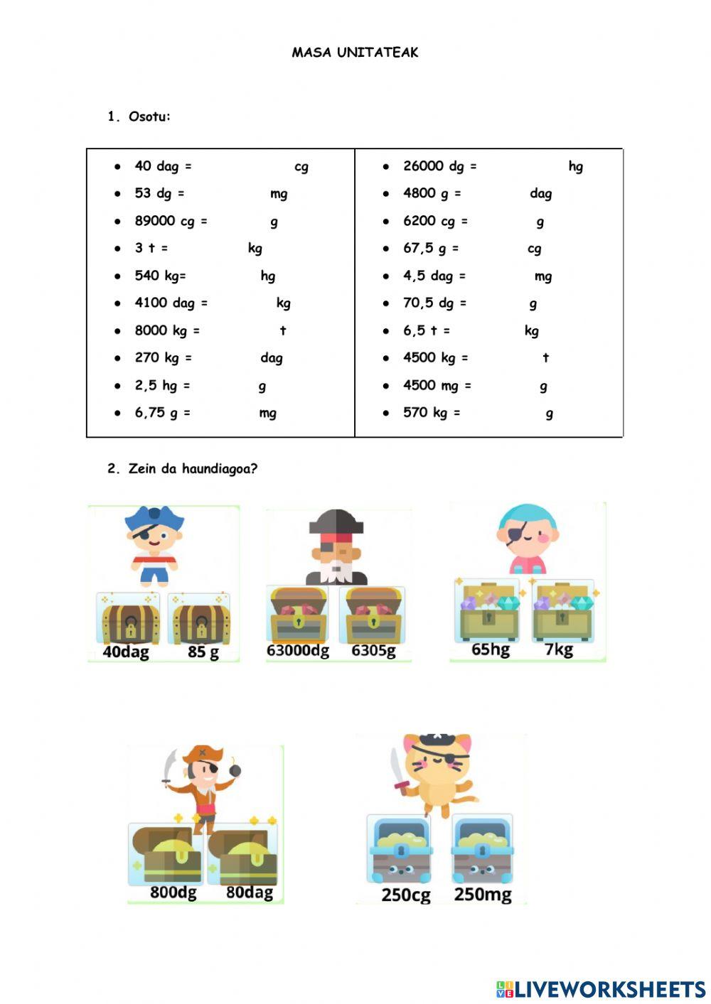 Masa unitateak interactive worksheet | Live Worksheets