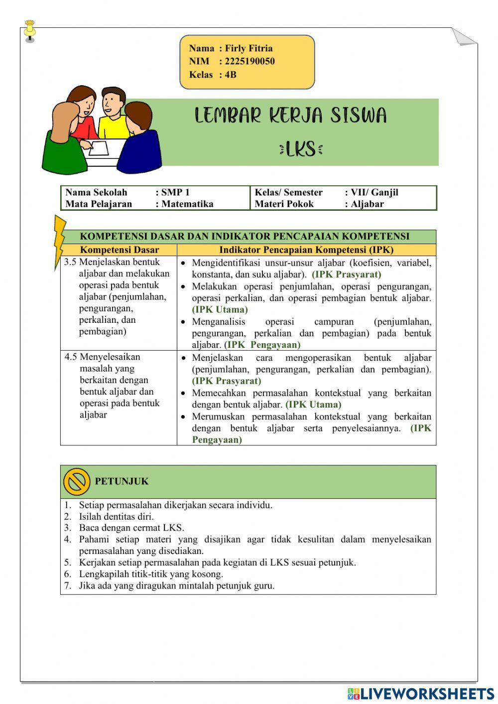 LKS Aljabar Kel… | Free Interactive Worksheets | 1031582
